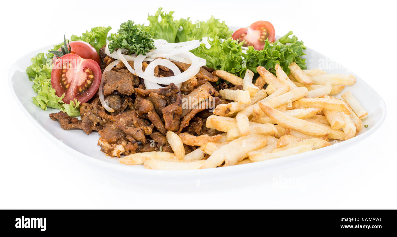 Plate with Kebab and Chips isolated on white background Stock Photo - Alamy