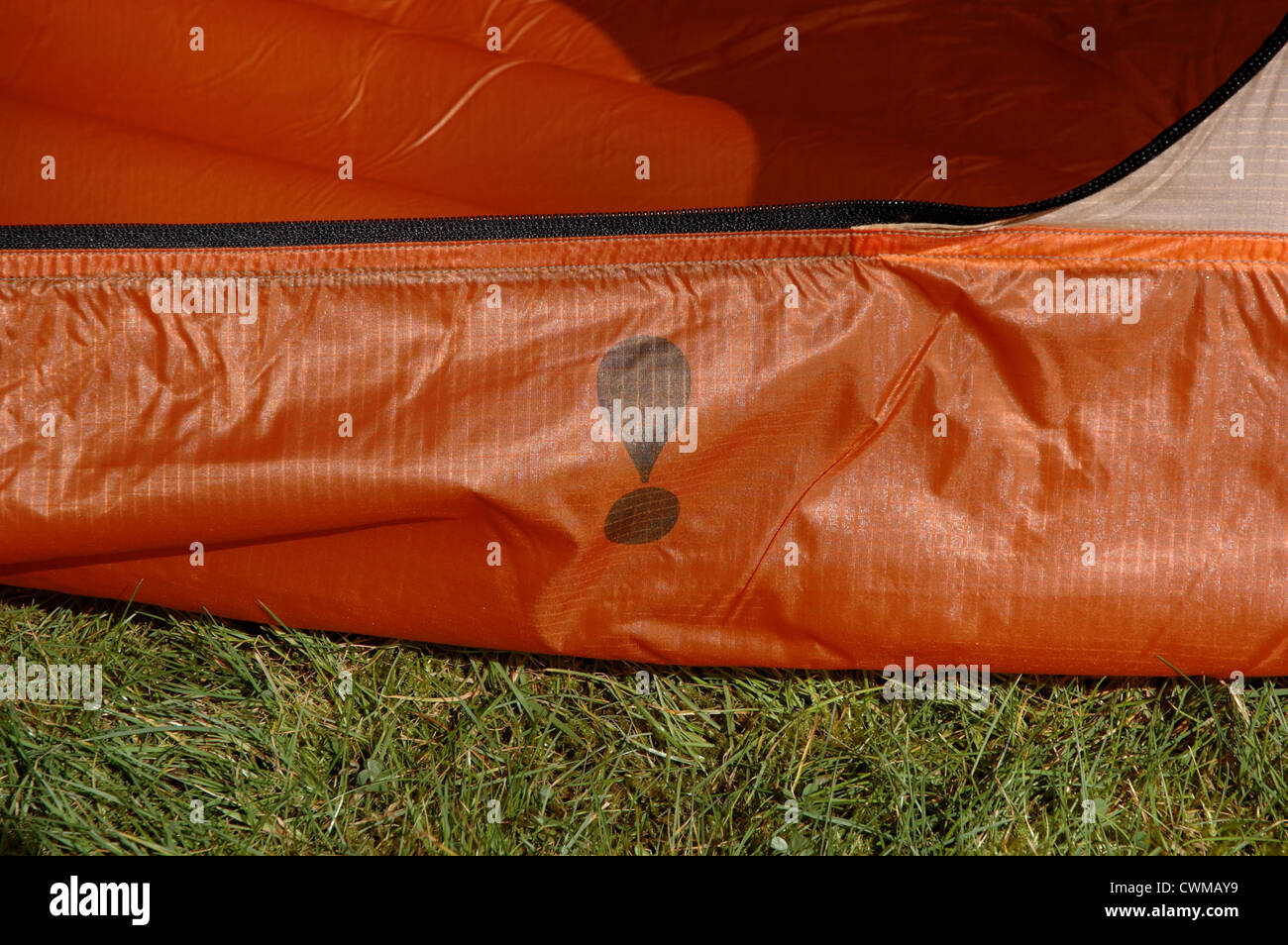 Exclamation mark on the groundsheet of a Eureka! lightweight tent Stock ...