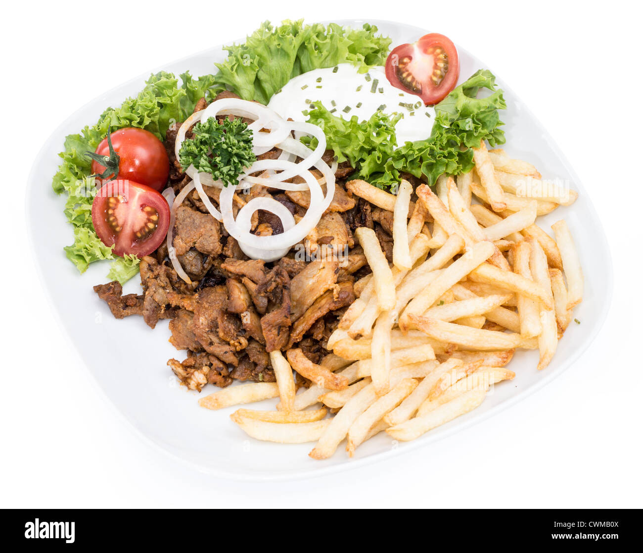 Plate with Kebab and Chips isolated on white background Stock Photo - Alamy