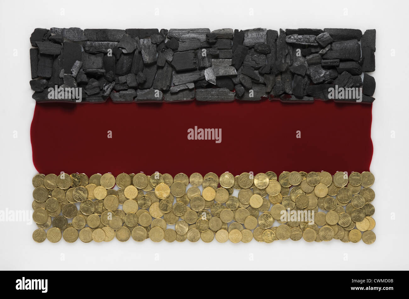 German flag created by coal, blood and coin on white background Stock ...
