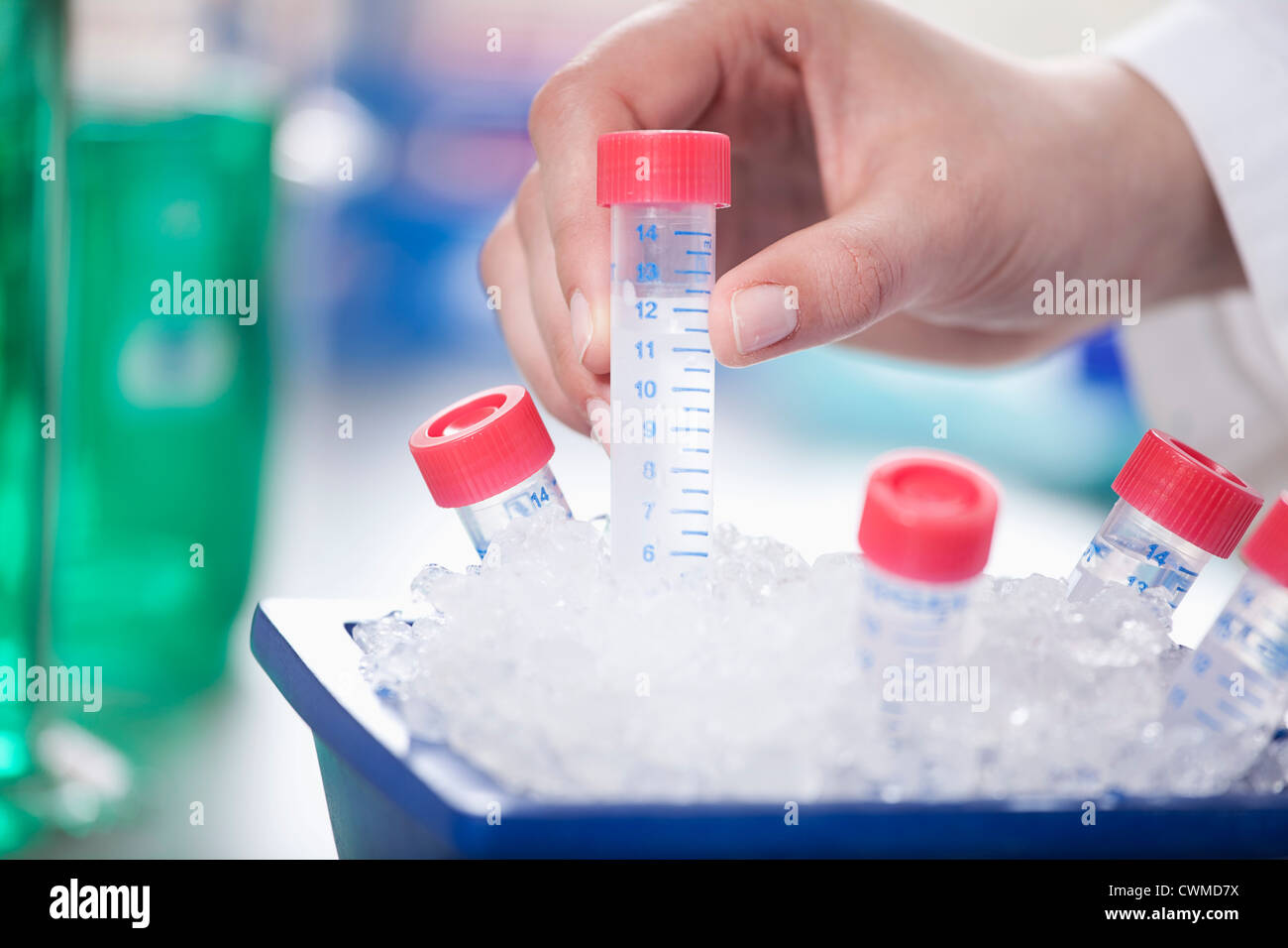 Germany, Bavaria, Munich, Scientist storing test samples in ice Stock ...