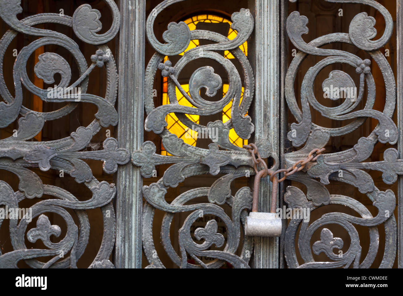 Metal gate on cemetery with cross Halloween unique background Stock ...