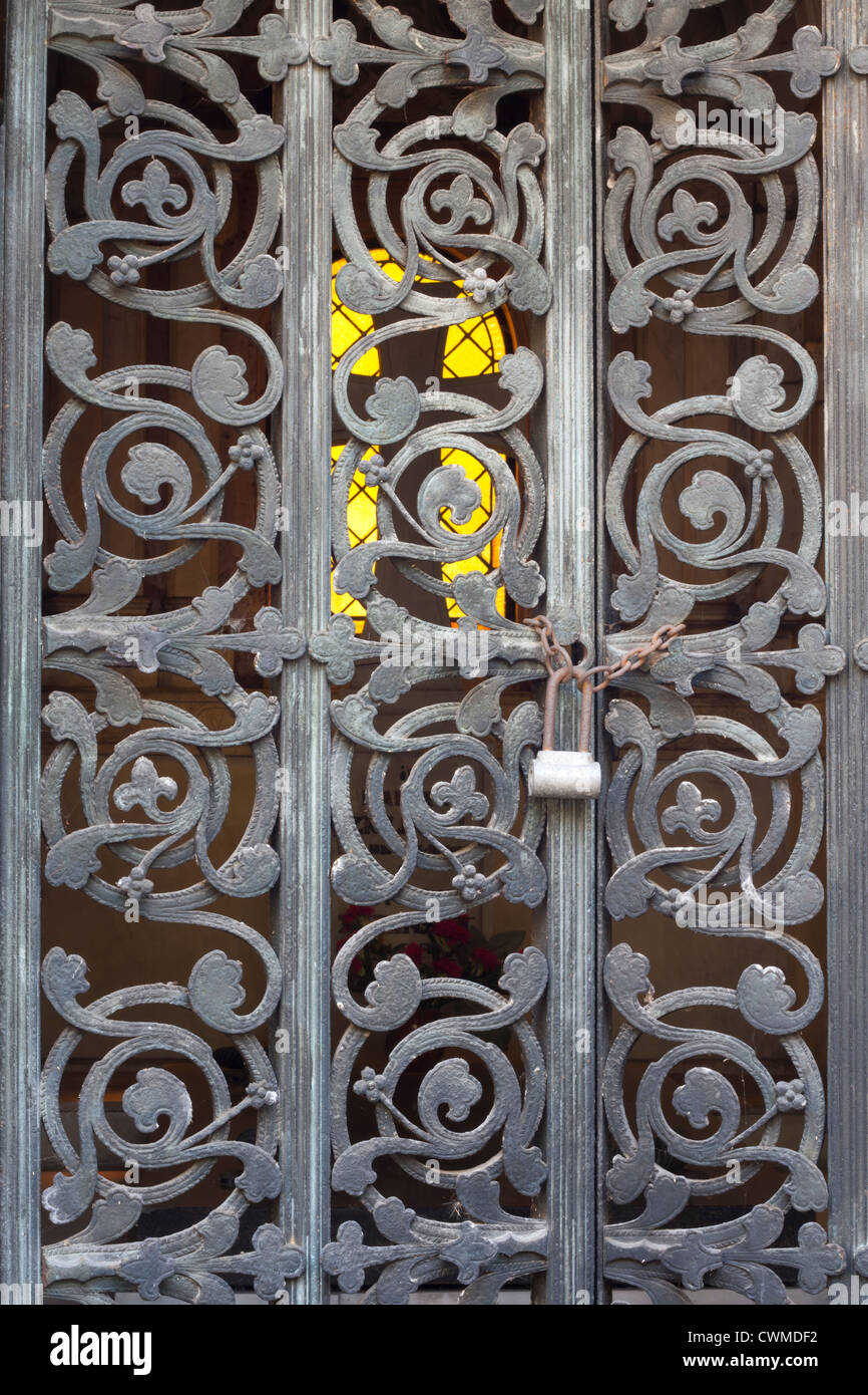 Metal gate on cemetery with cross Halloween unique background Stock ...