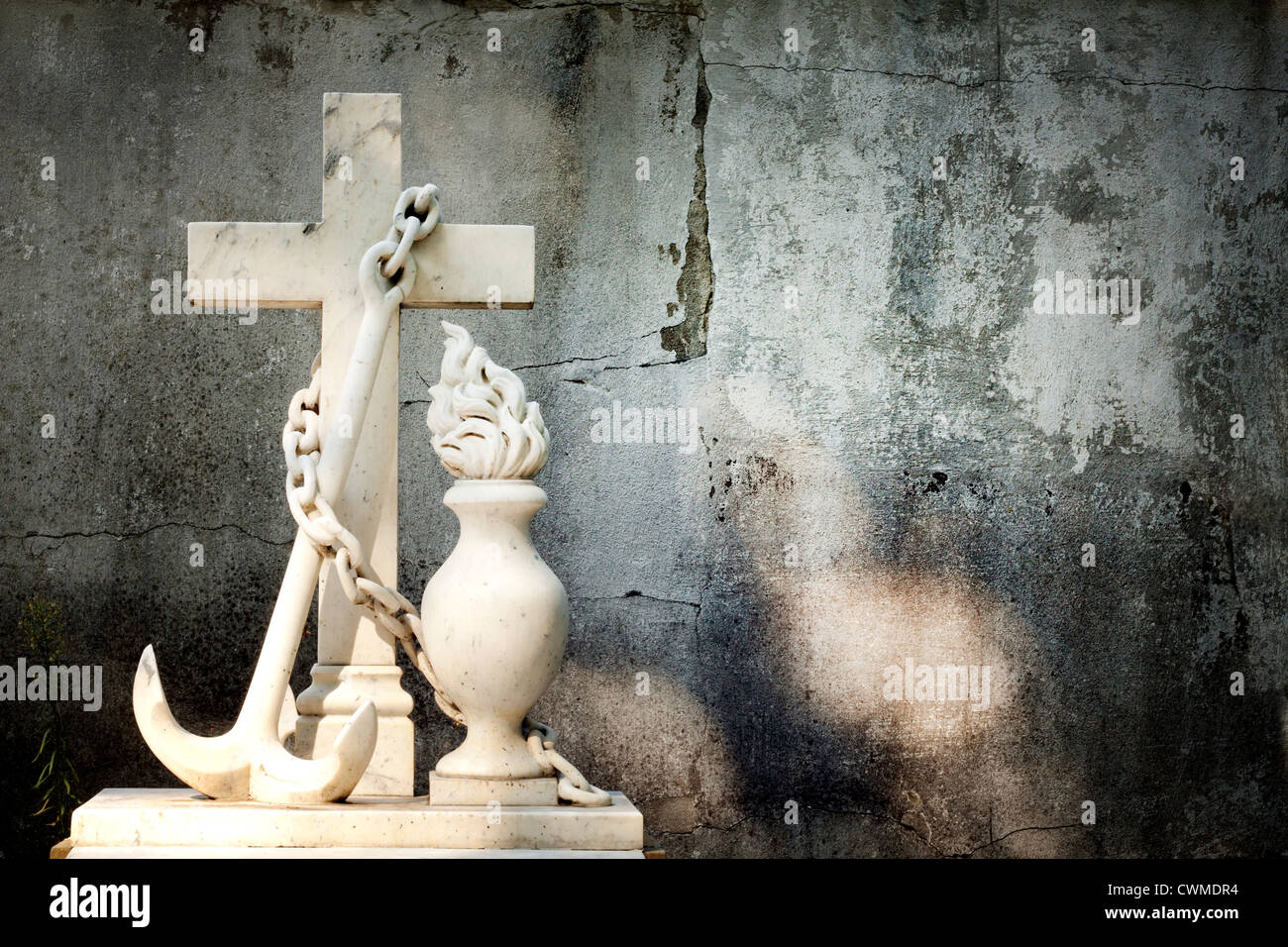 Cross and grunge wall on cemetery abstract background Stock Photo - Alamy