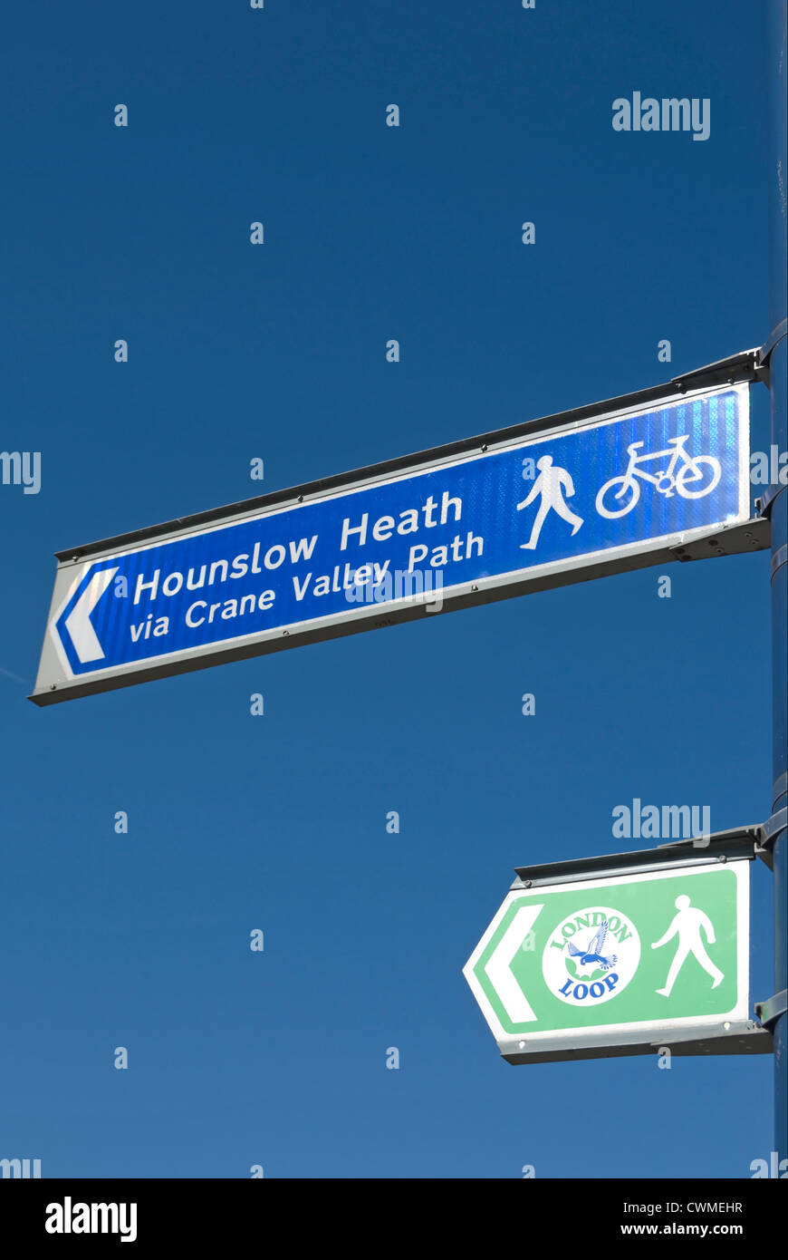 left pointing cycle and walking sign for hounslow heath via crane ...