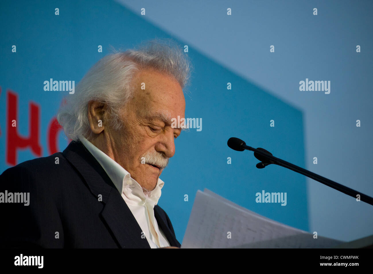 Manolis Glezos, WW2 hero, delivers a speech during a pre-election rally ...