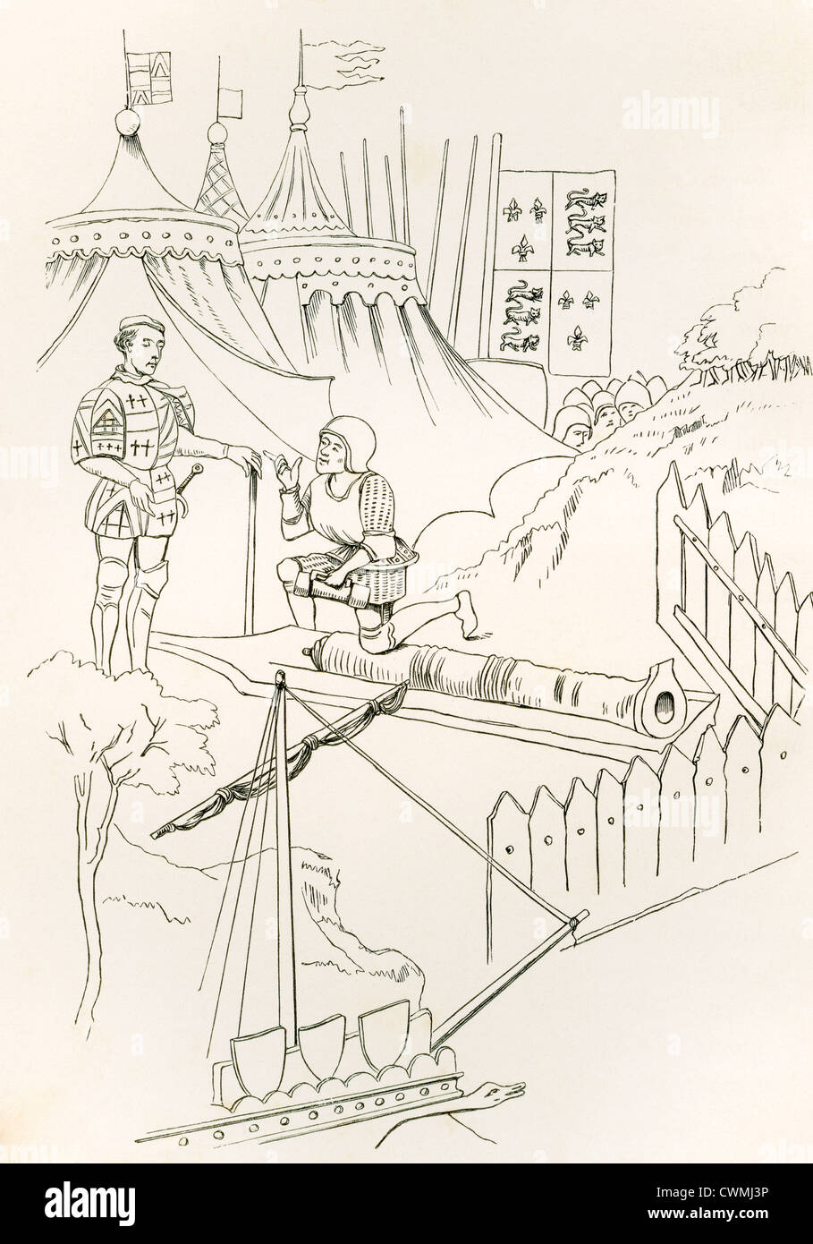 Illustration of a chamber being placed in the breech of a cannon, from ...