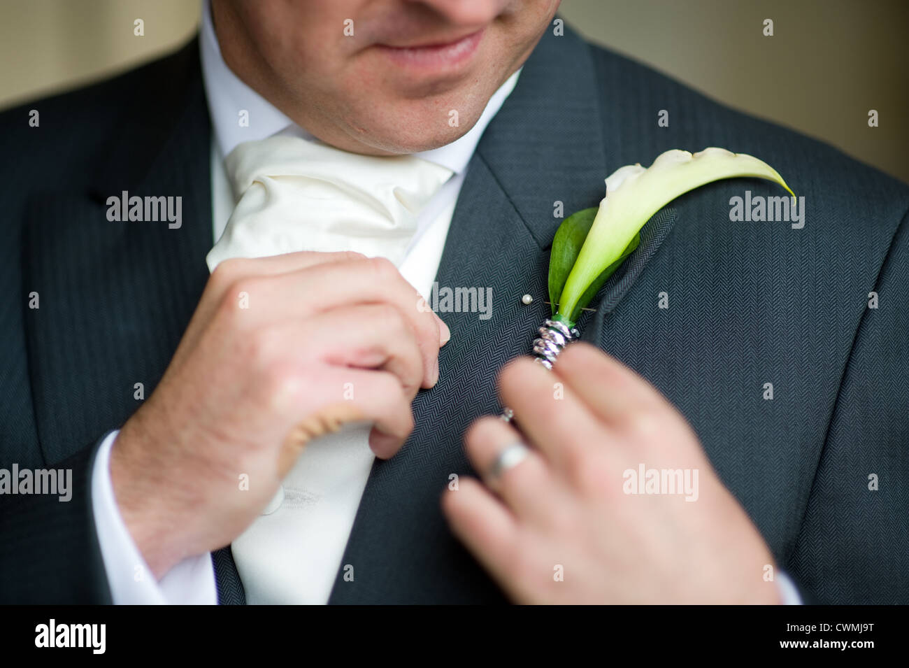A groom adjusts his lily flower buttonhole at a wedding Stock Photo - Alamy