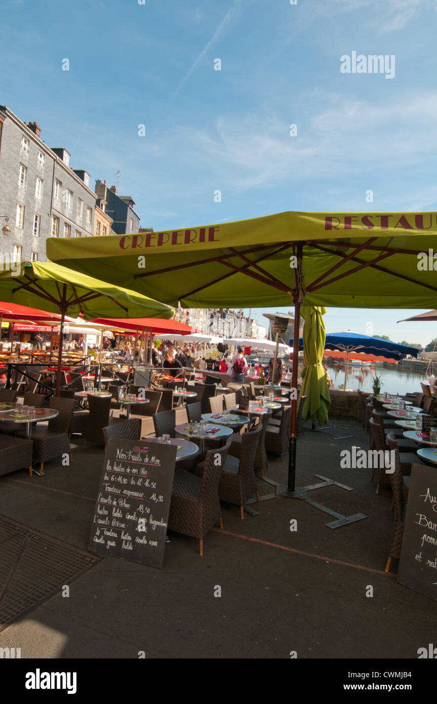 A quiet summer morning for Honfleur restaurants by the Old dock, Basse ...