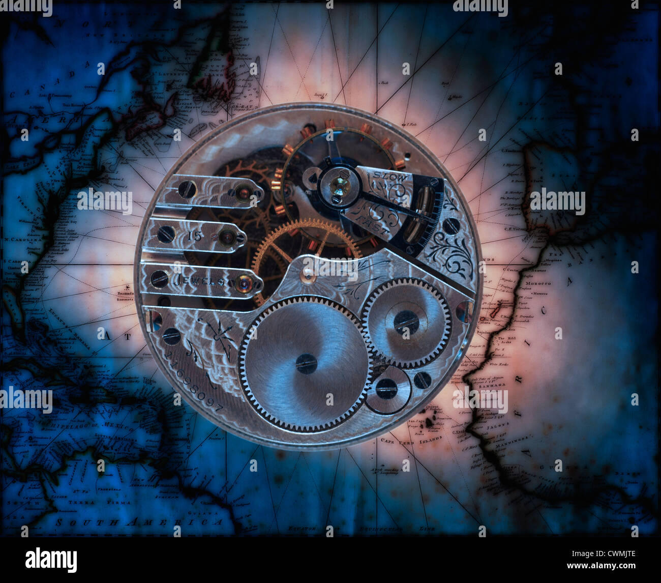 Conceptual image showing clockwork composed into old map Stock Photo ...