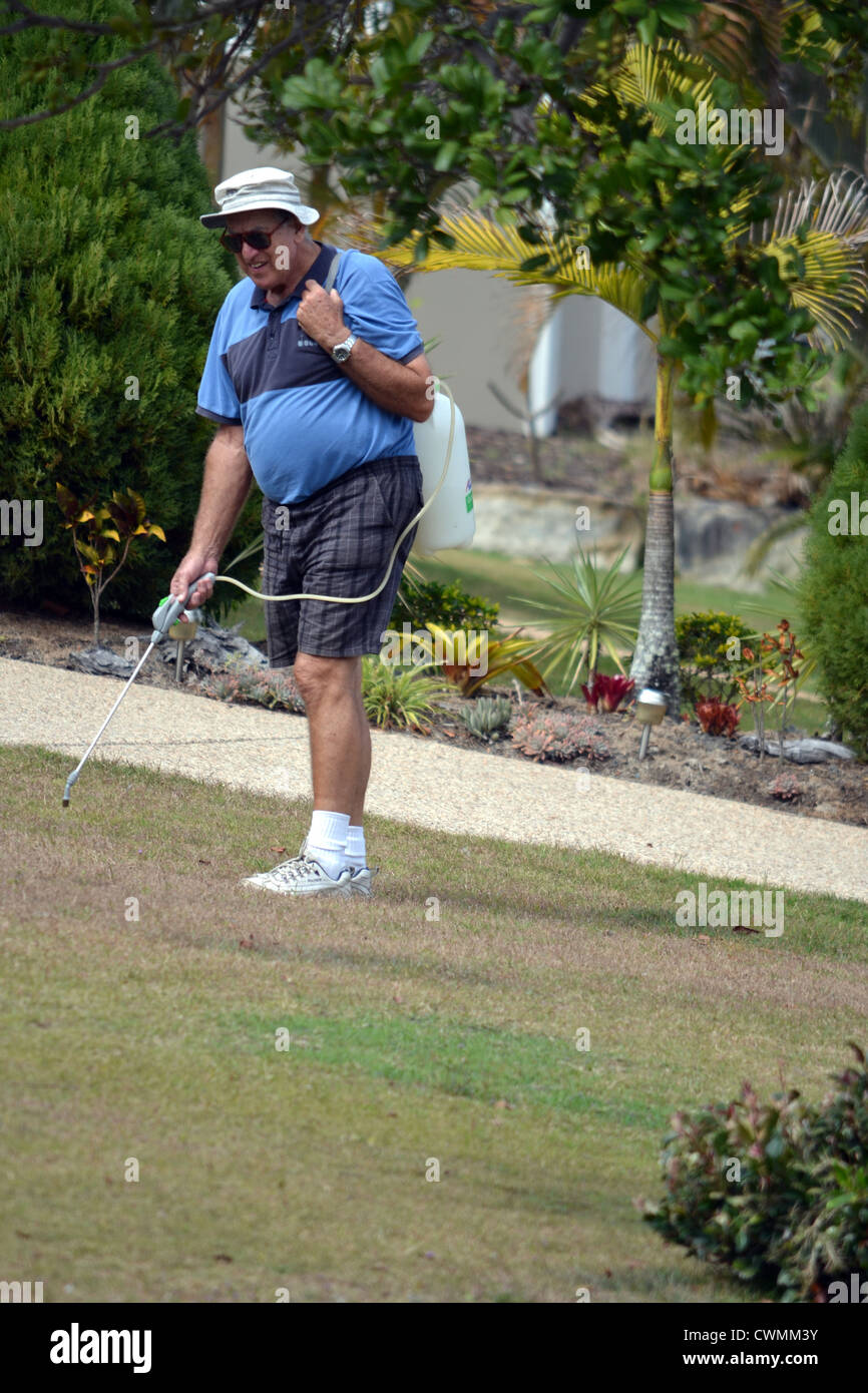 Old man spraying his lawn Stock Photo - Alamy