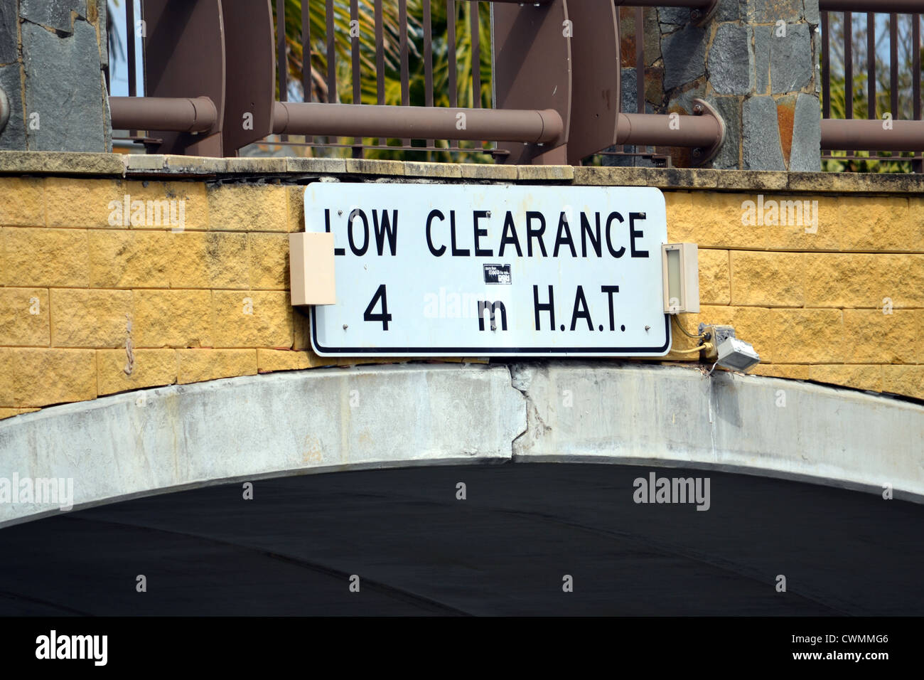 A bridge with low clearance sign 4m at Highest Astronomical Tide (HAT ...