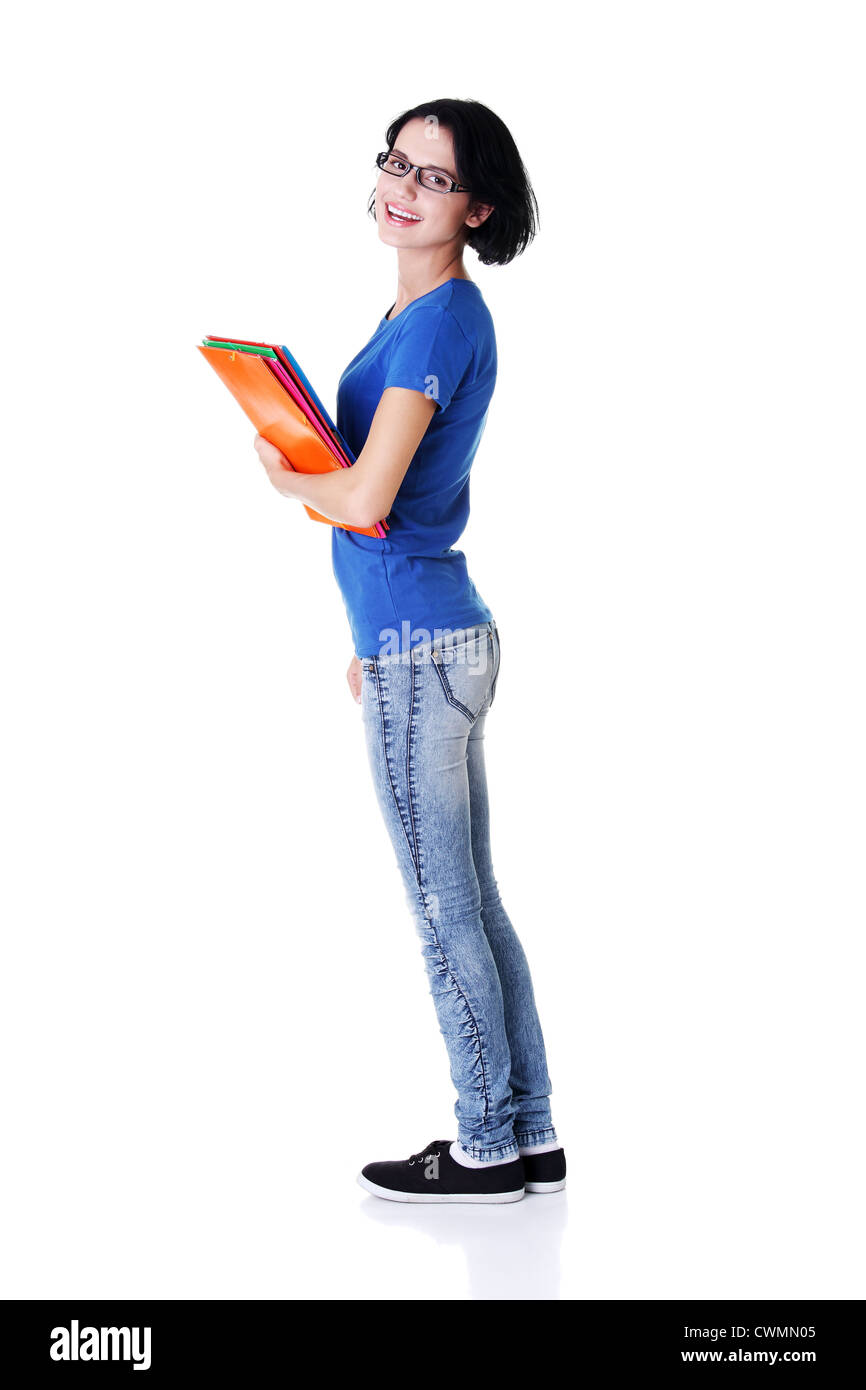 Happy student woman with notebooks, isoalted on white background Stock ...