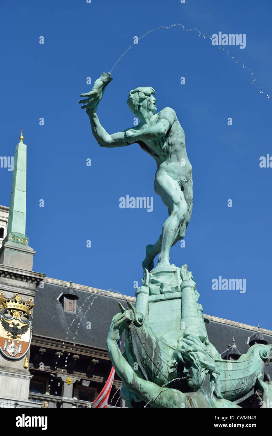 Statue of Brabo and the giant's hand and Antwerp City Hall, Grote Markt ...