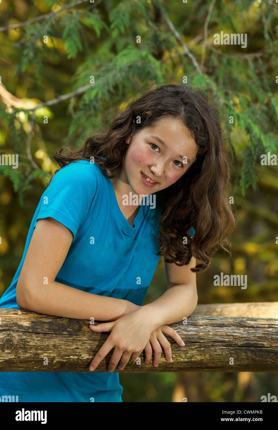 young girl leaning on log with evergreen trees in background Stock ...