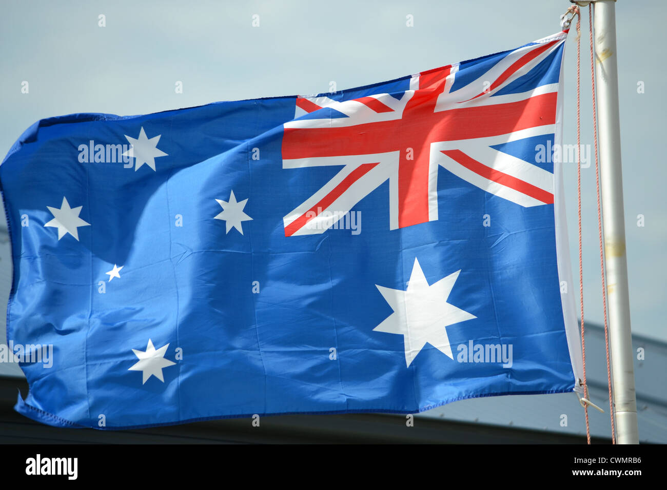Australian Flag in the wind backwards Stock Photo - Alamy