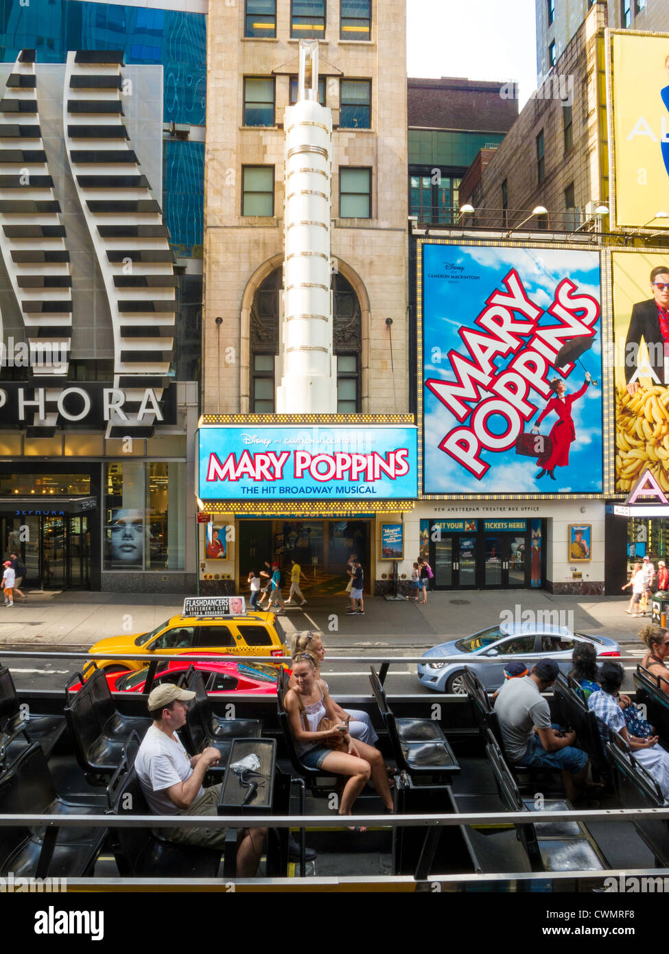 Tour Bus, tourists and Broadway Show Marquees, 42nd Street, NYC Stock ...