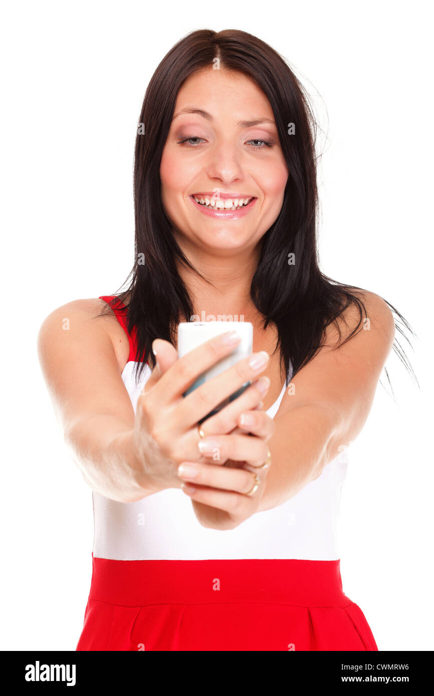 beautiful young woman with mobile phone isolated on white Stock Photo ...