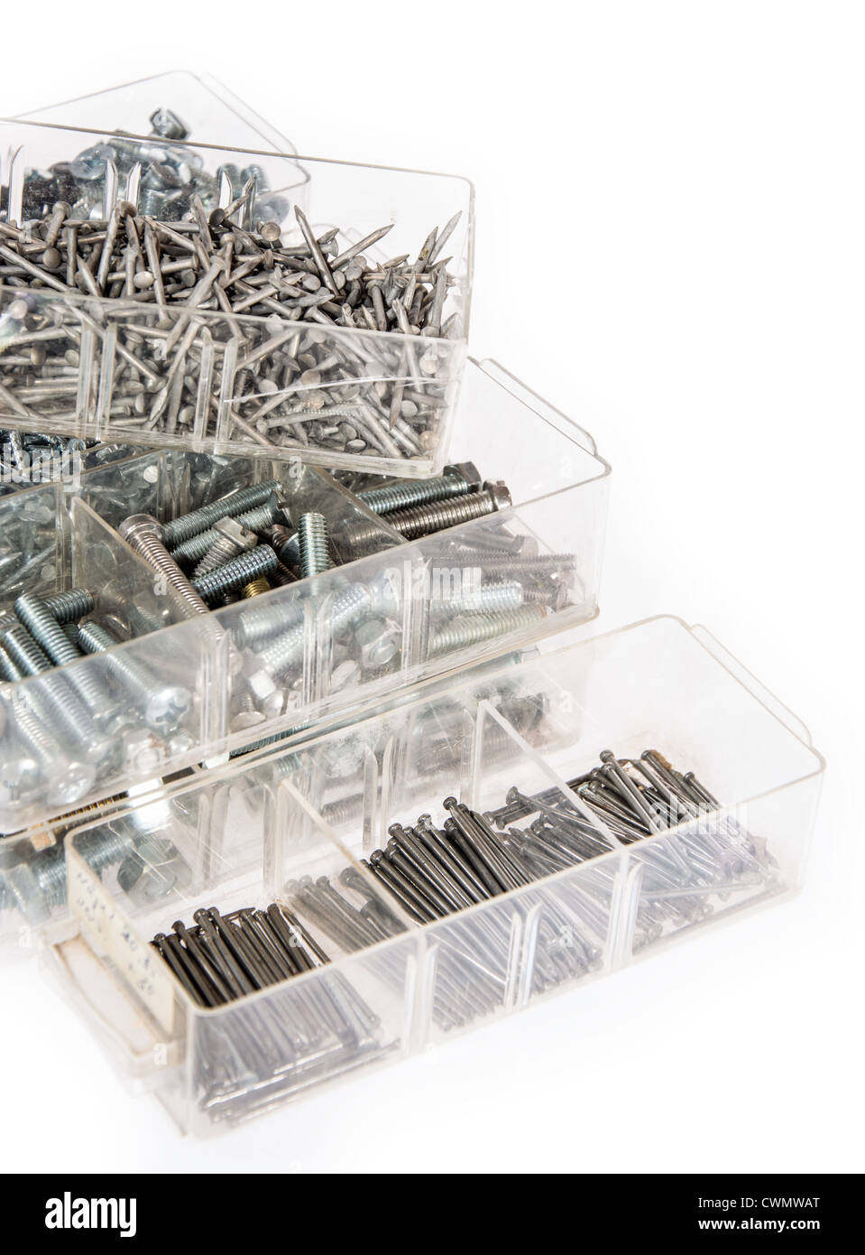Nails and Screws in boxes isolated on white Stock Photo - Alamy