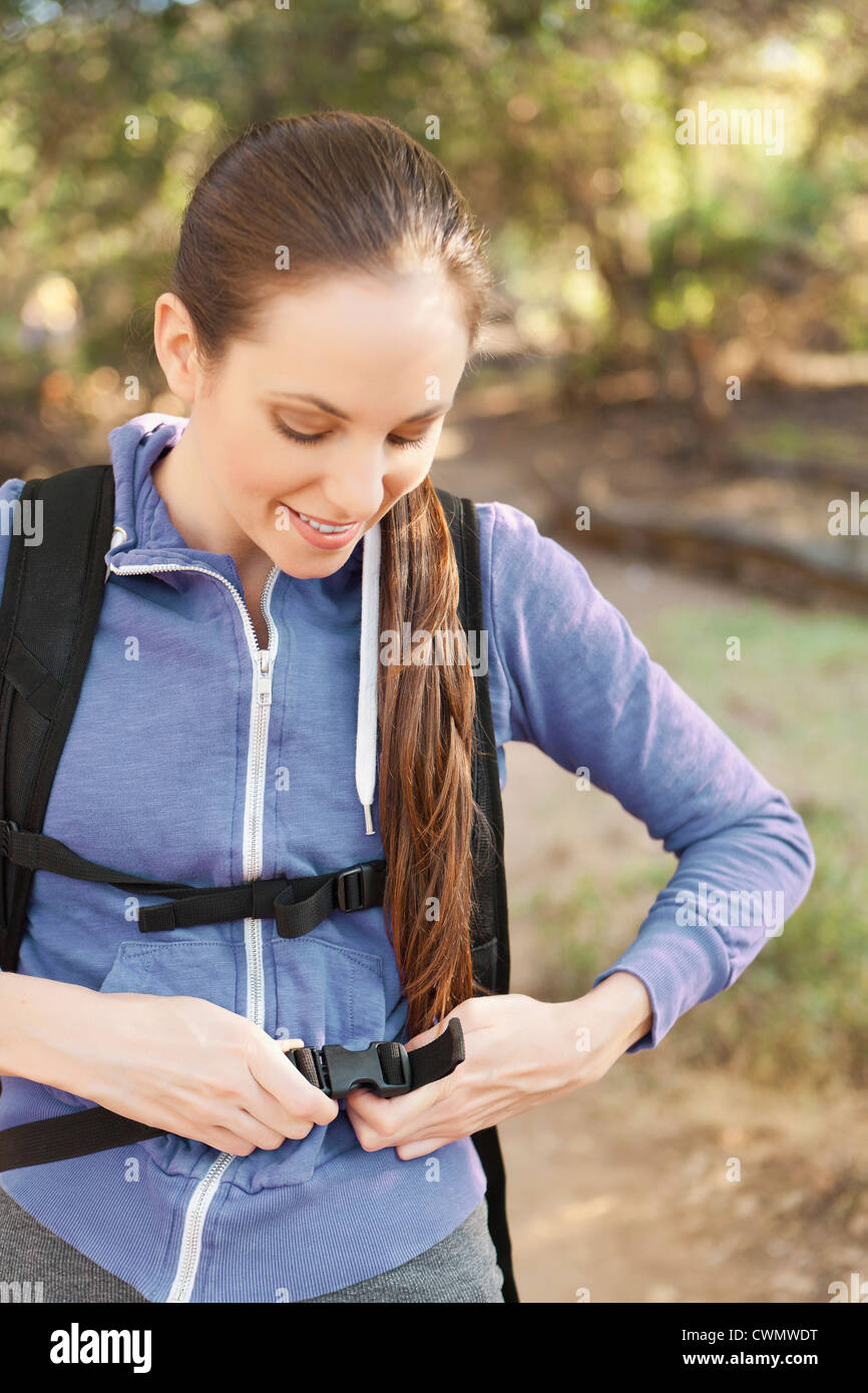 USA, California, Los Angeles, Woman adjusting backpack Stock Photo - Alamy