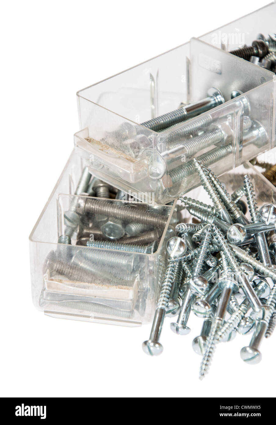 Different Screws sorted in boxes isolated on white background Stock ...