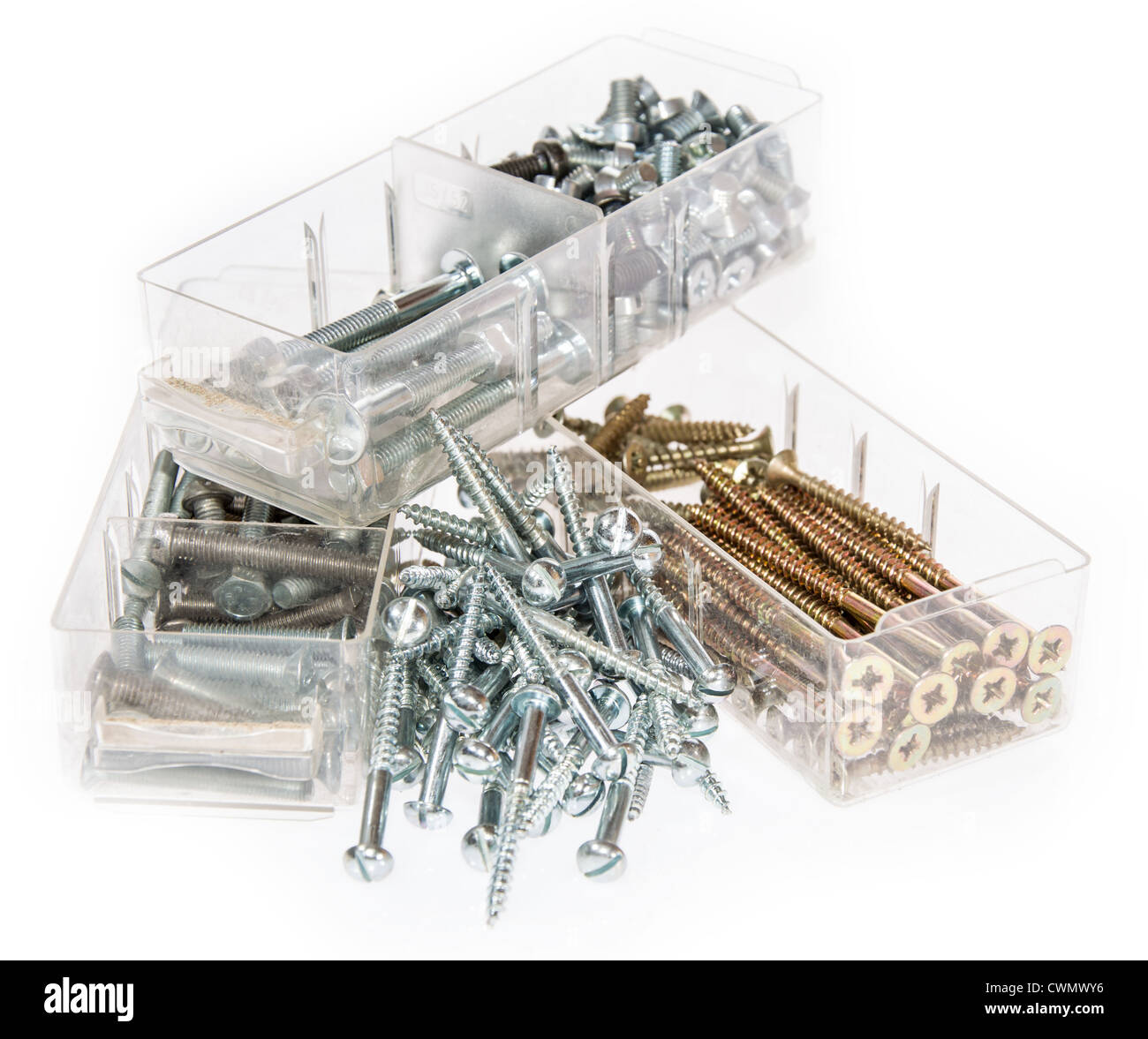 Different Screws sorted in boxes isolated on white background Stock ...