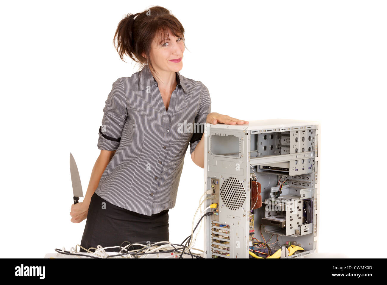 business woman going to kill her desk computer Stock Photo - Alamy