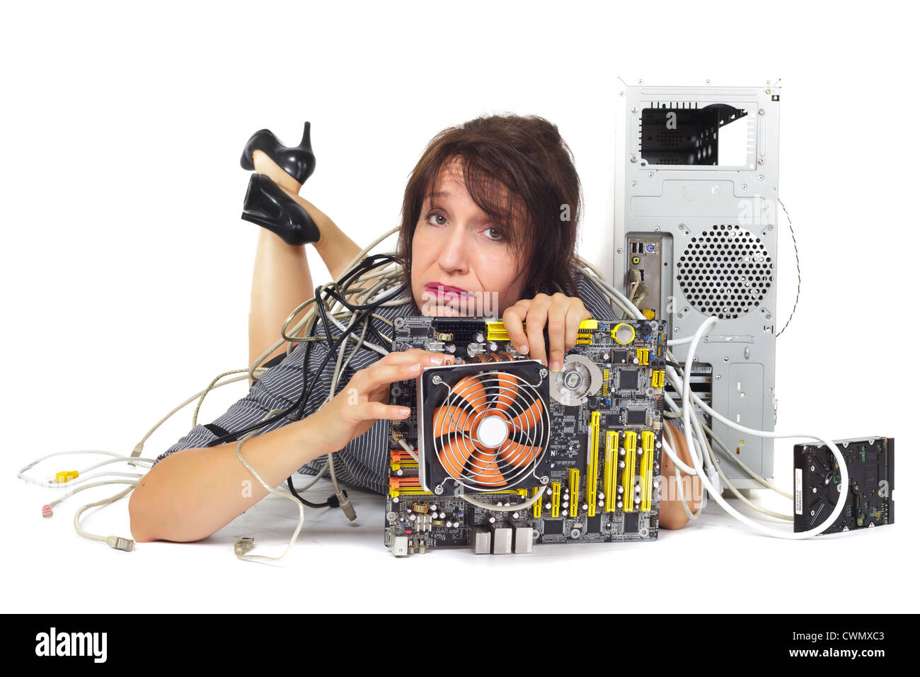 Woman on computer office tired Cut Out Stock Images & Pictures - Alamy