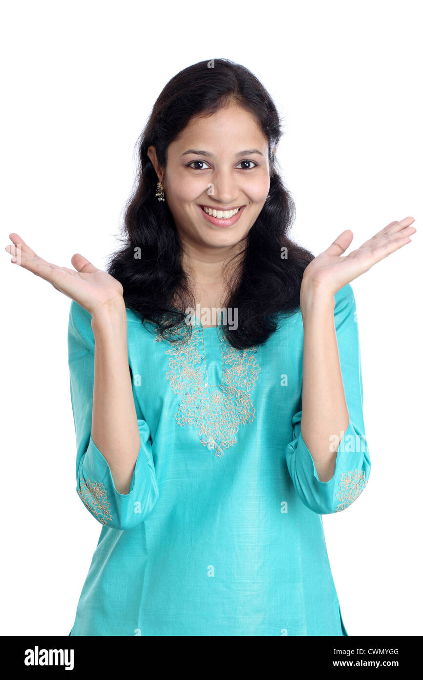 Excited young attractive woman against white background Stock Photo - Alamy