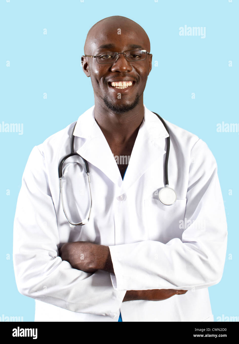 african american doctor isolated on light blue background Stock Photo ...