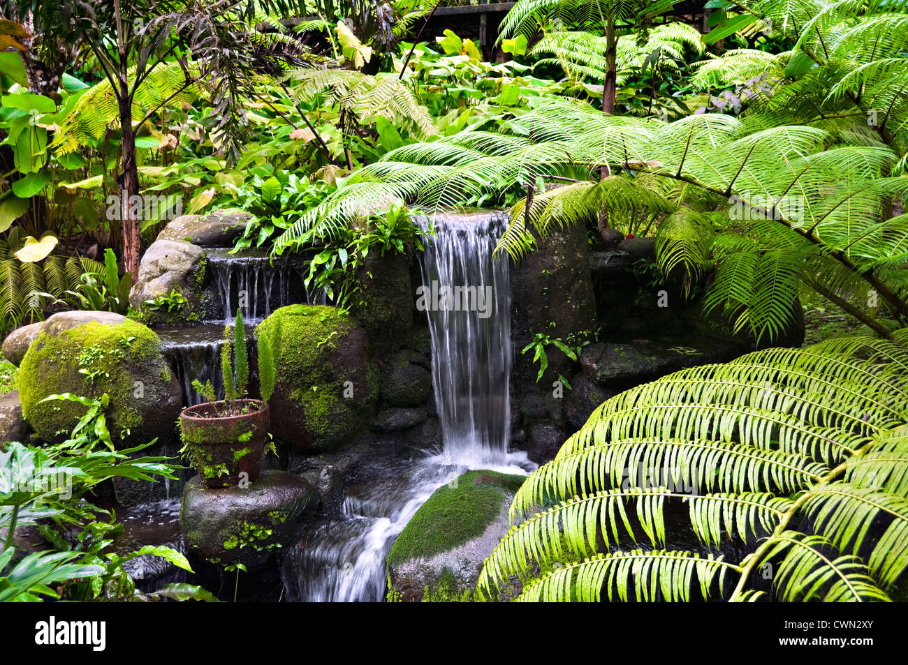 Small man-made waterfall inside a private park Stock Photo - Alamy