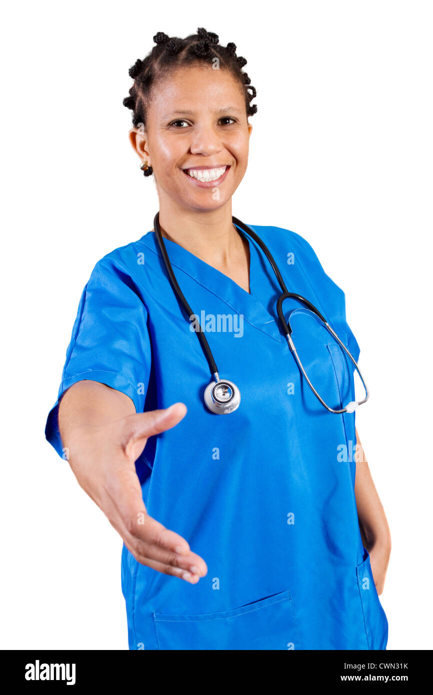 happy african female nurse hand shake gesture Stock Photo - Alamy