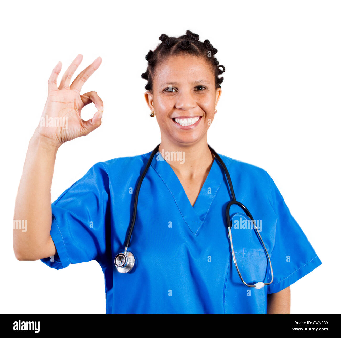 african american nurse giving OK hand sign Stock Photo - Alamy