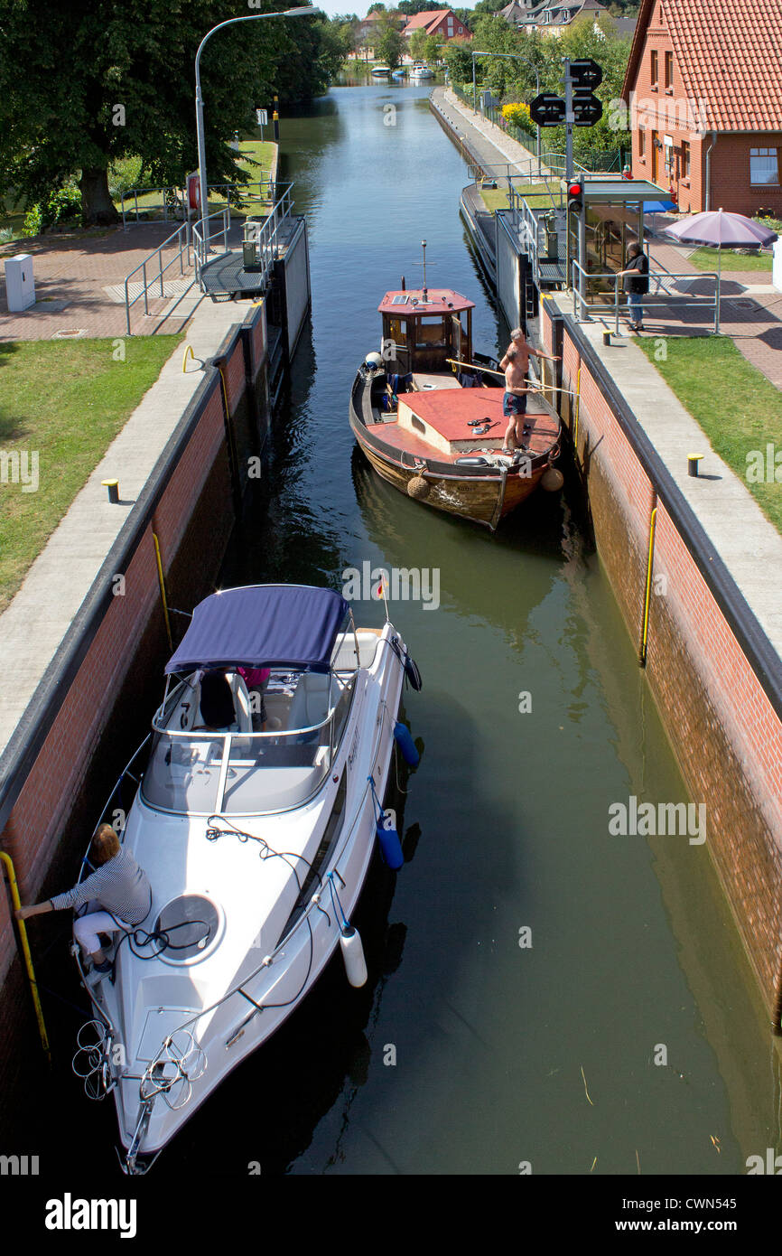 canal lock, Plau, Mecklenburg Lakes, Mecklenburg-West Pomerania ...