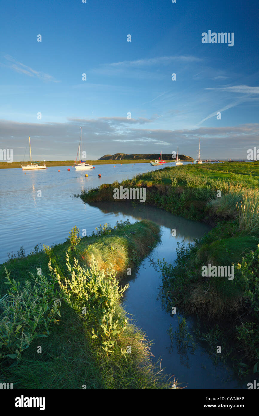 River Axe Estuary at high tide with Brean Down in the distance. Near ...