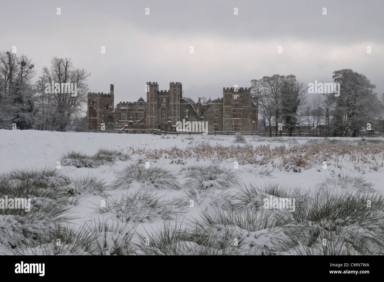 Cowdray ruins, front viewed from beside causeway. Snow in December ...