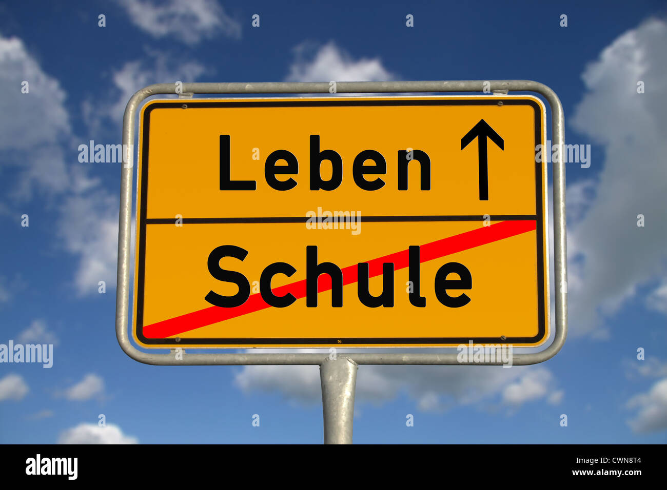German road sign school and life with blue sky and white clouds Stock ...