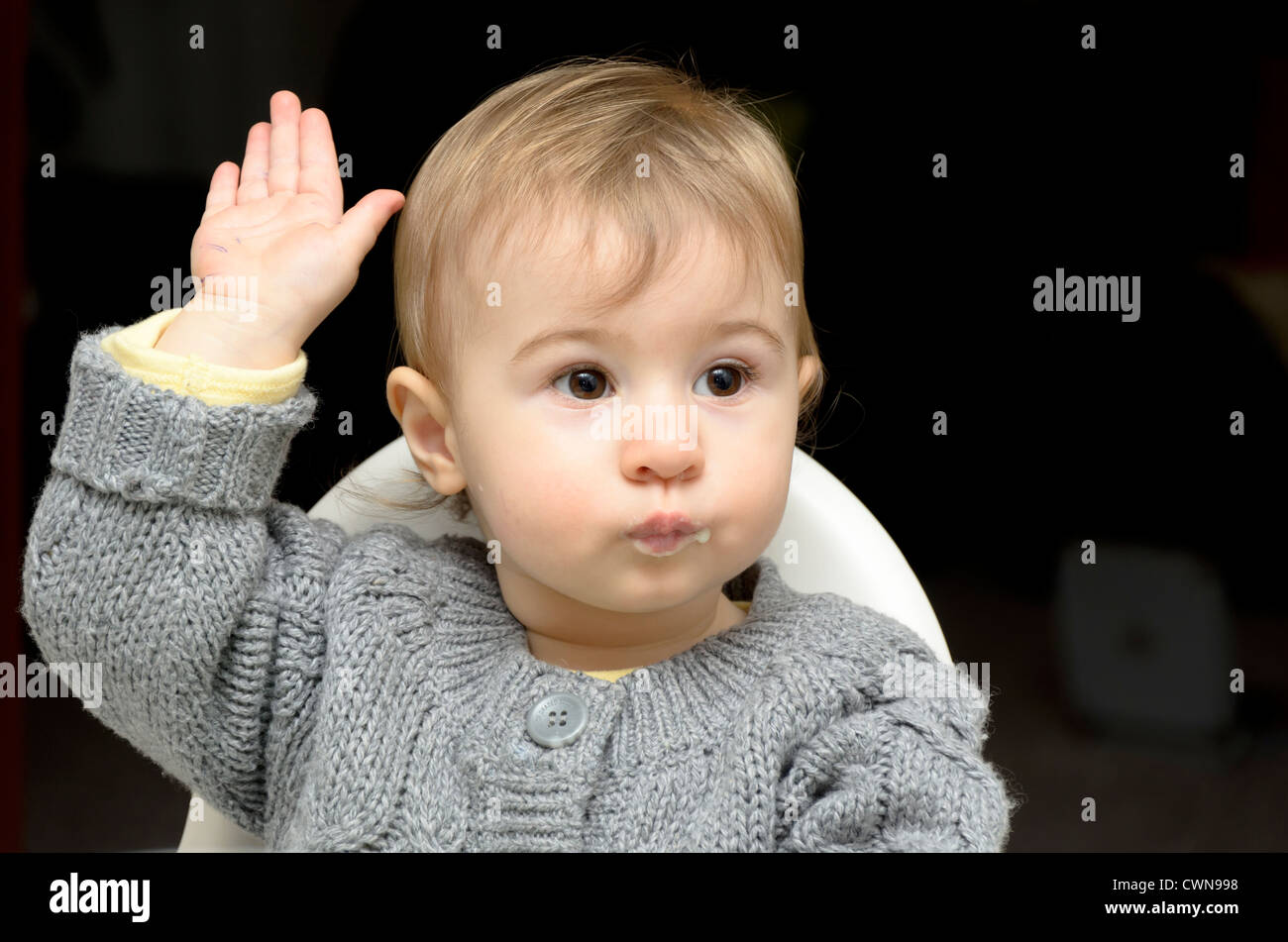 Little girl raising her hand at dinner Stock Photo - Alamy