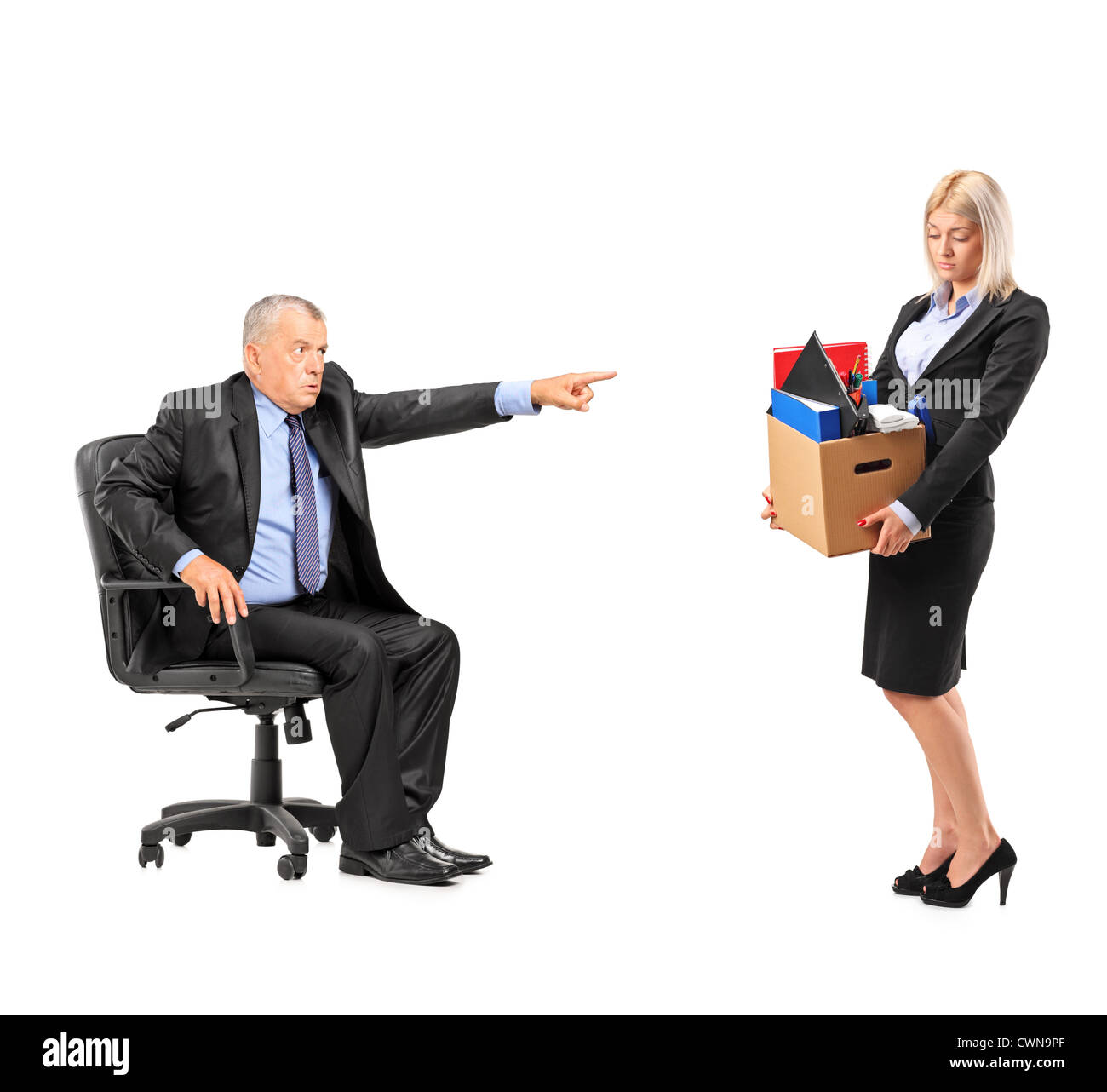 Male boss firing a female employee isolated on white background Stock ...