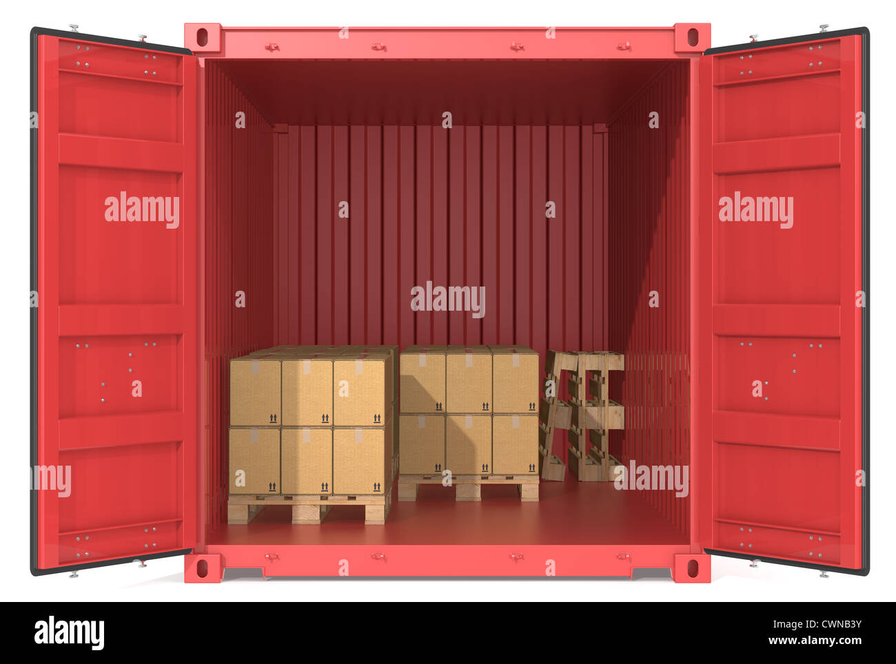 Red Cargo Container. Open Doors. Pallets and Boxes. Front view Stock ...