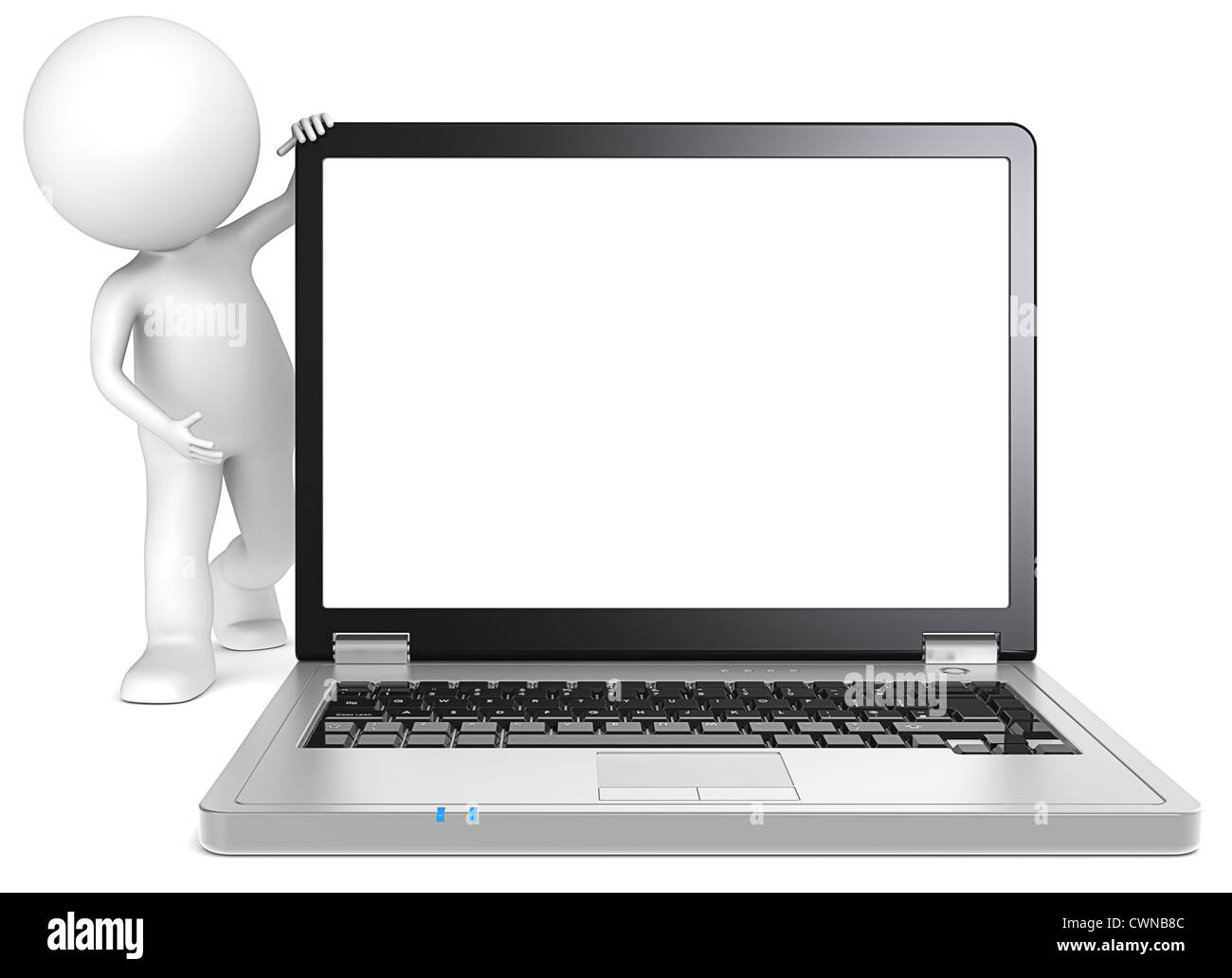 3D little human character Showing a Laptop. Copy Space. People series ...