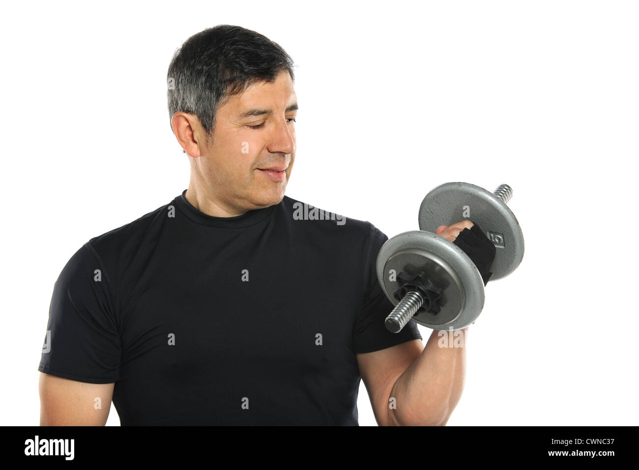 Mature Hispanic man curling Dumbbell isolated over white background ...