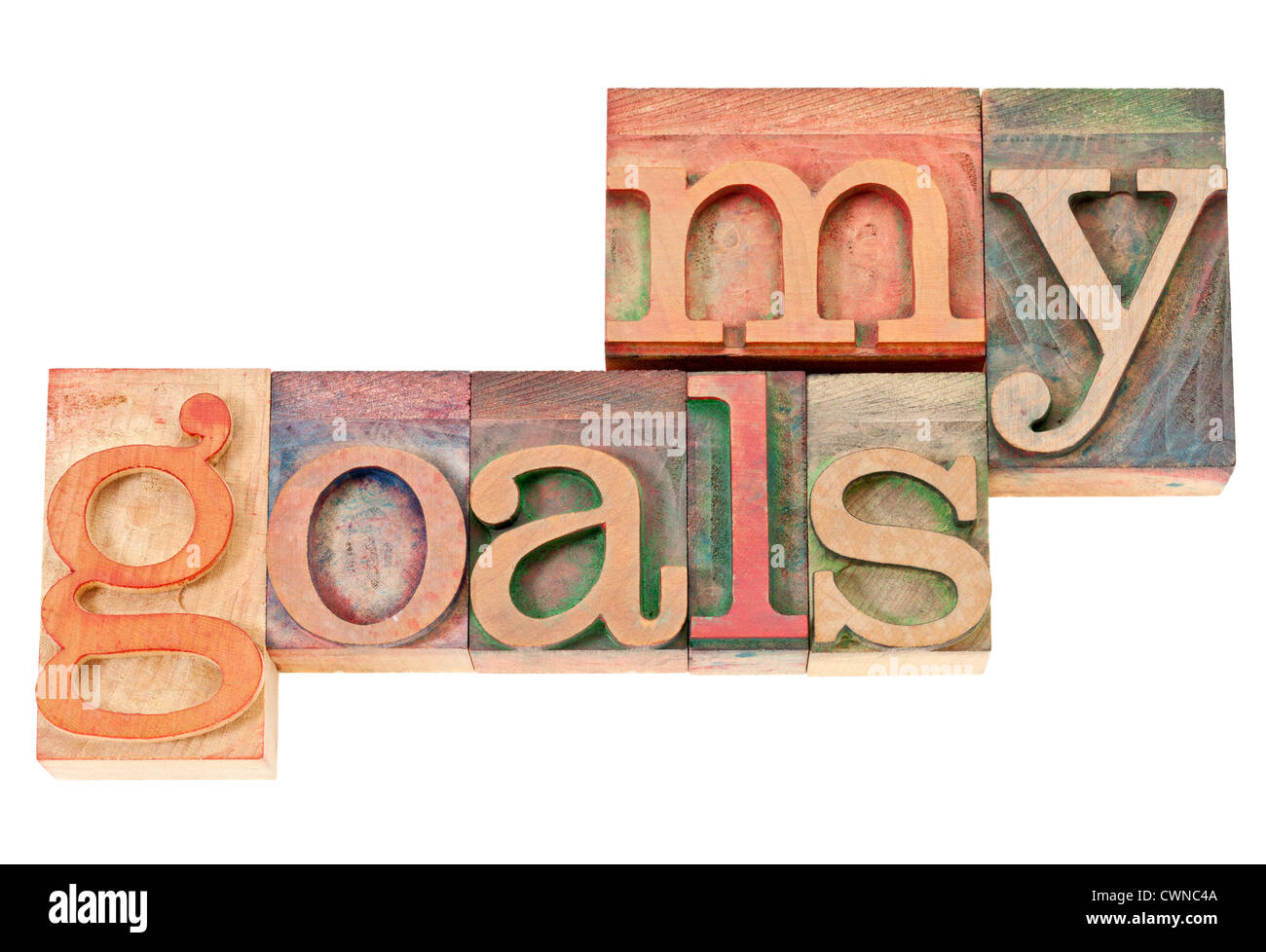 my goals - isolated words in vintage letterpress wood type stained by ...