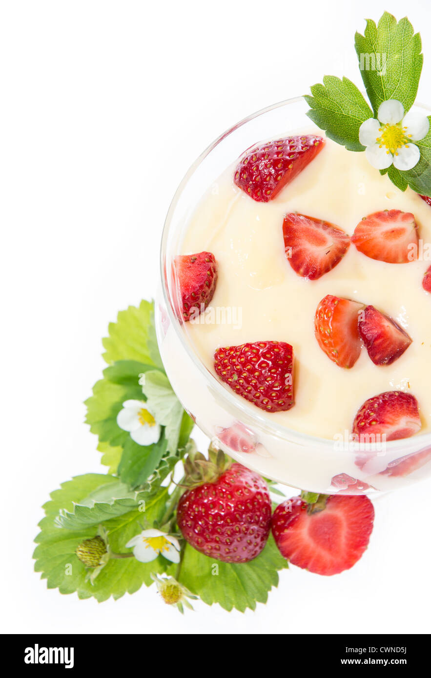 Vanilla Pudding with Strawberries isolated on white background Stock ...