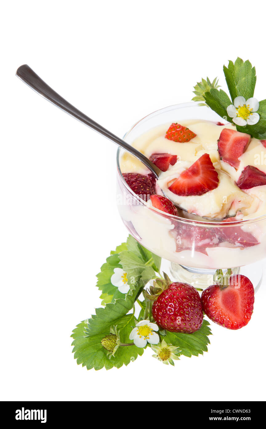 Vanilla Pudding with Strawberries isolated on white background Stock ...