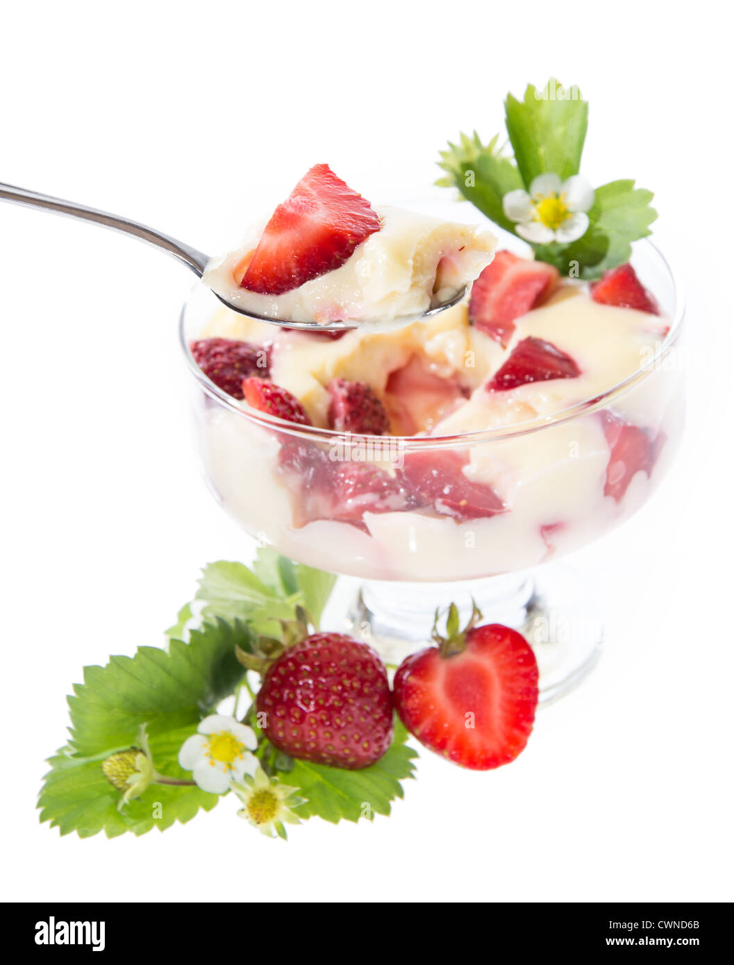 Pudding with fresh fruits isolated on white background Stock Photo - Alamy
