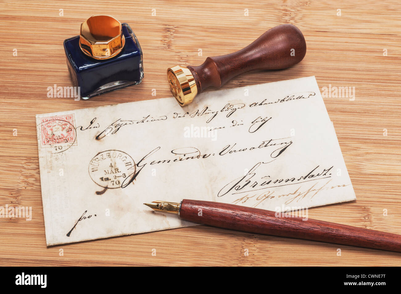 Detail photo of a old German Letter from the year 1870, a pen an ink ...