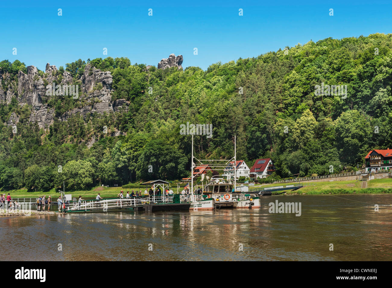 Reaction ferry (cable ferry) in the health resort Rathen on the river ...