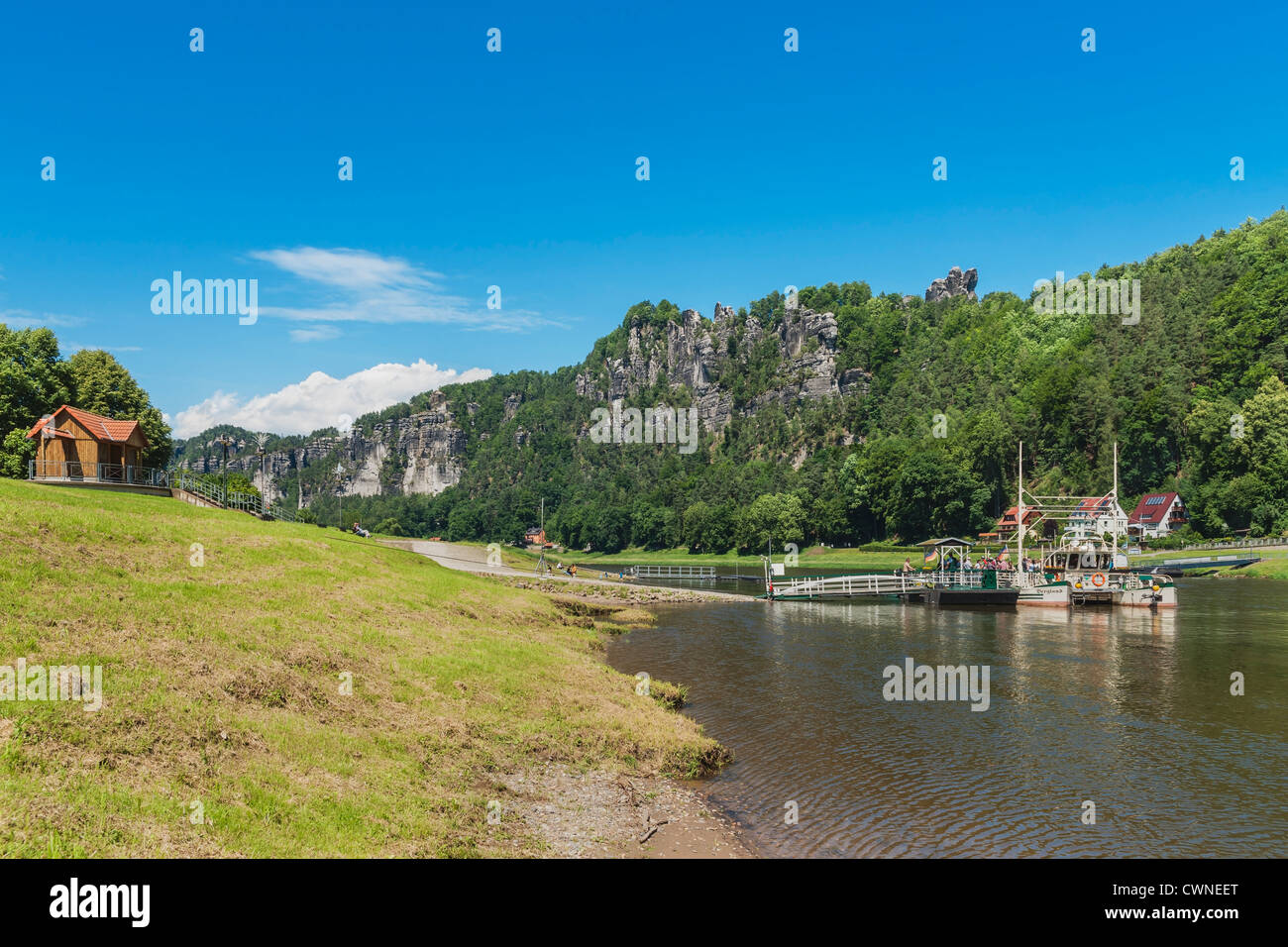 Reaction ferry (cable ferry) in Rathen near Dresden, on the river Elbe ...