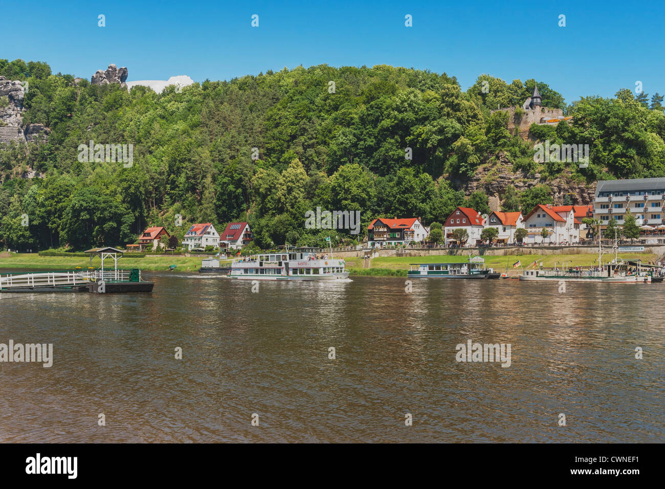Reaction ferry (cable ferry) in Rathen near Dresden, on the river Elbe ...
